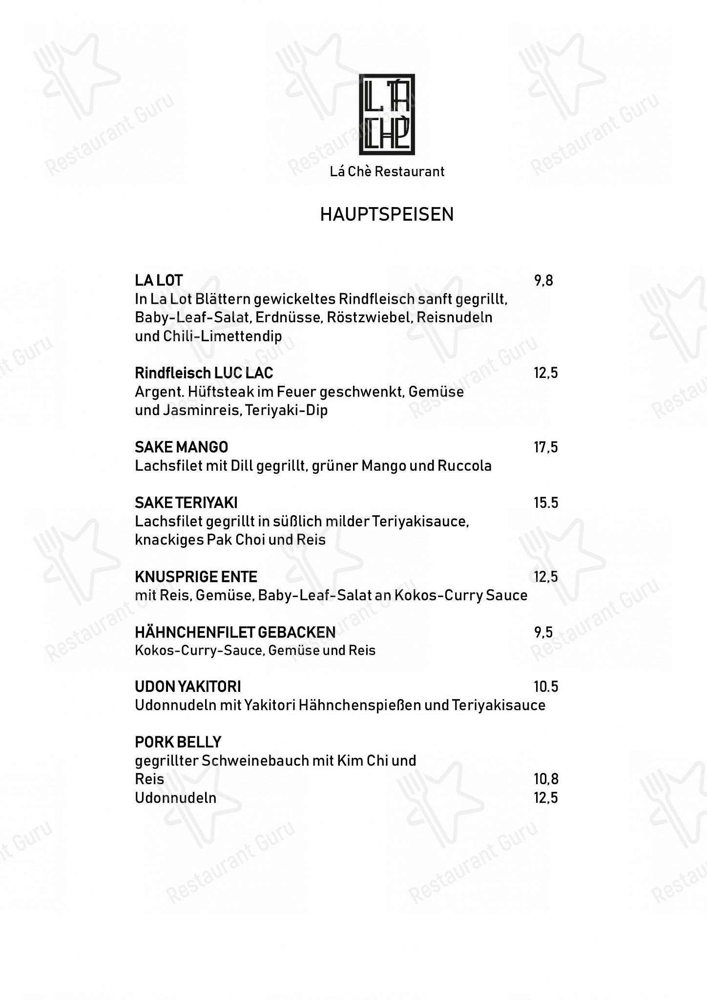 Menu at La Che restaurant, Leipzig
