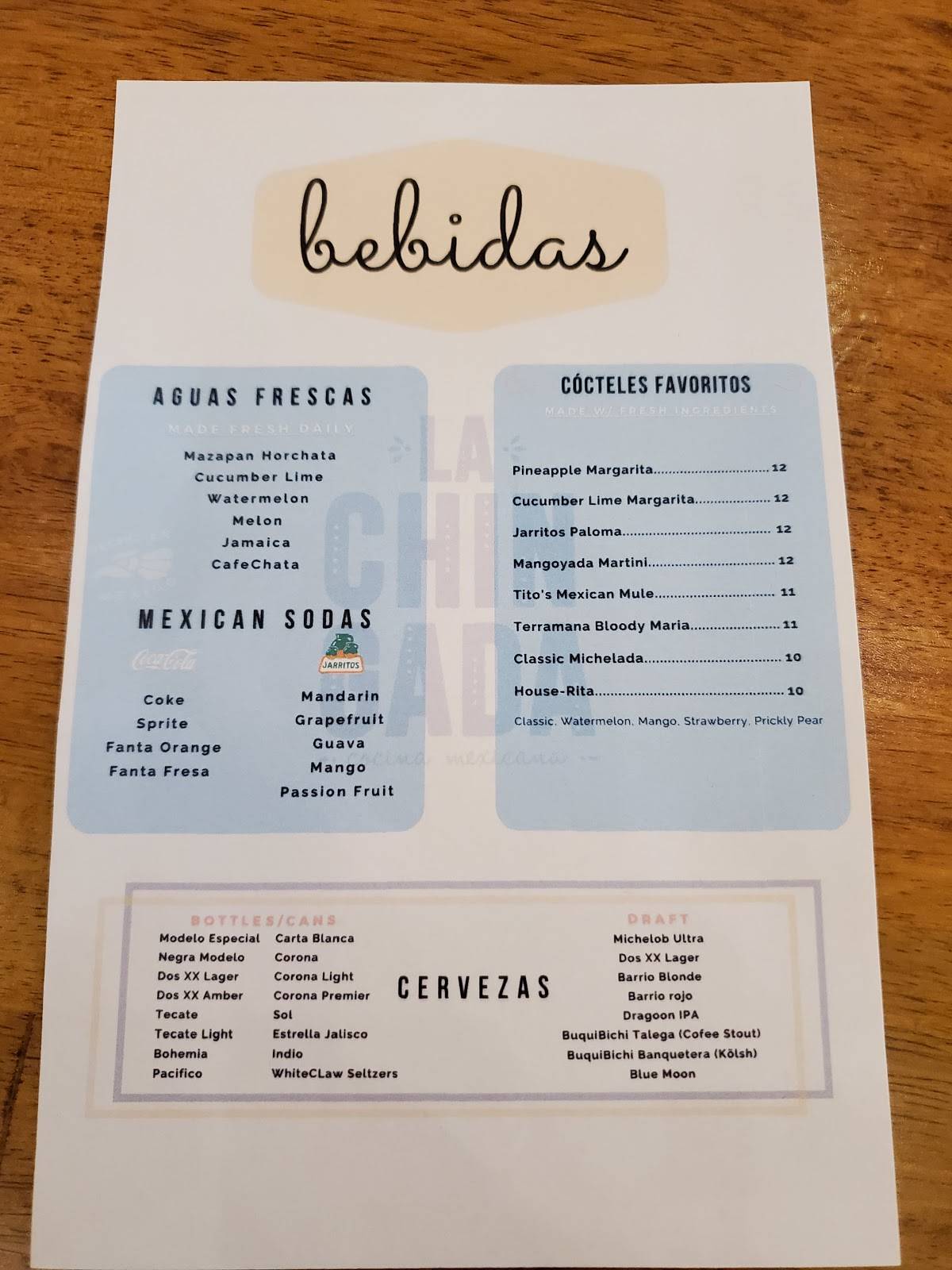 Menu at La Chingada Cocina Mexicana restaurant, Tucson