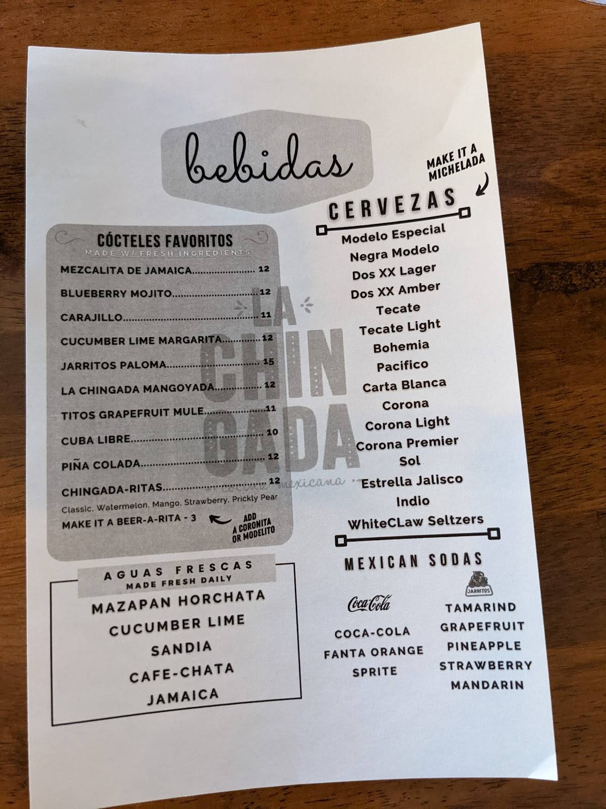 Menu at La Chingada Cocina Mexicana restaurant, Tucson