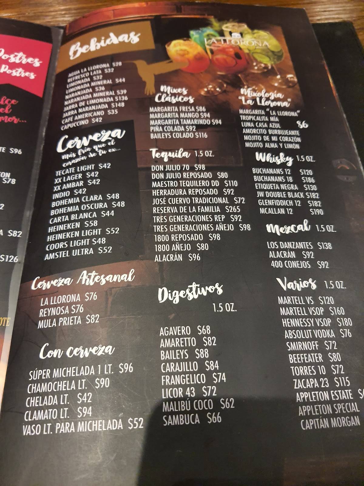 Carta del restaurante La Llorona Tacos y Cortes, Reynosa