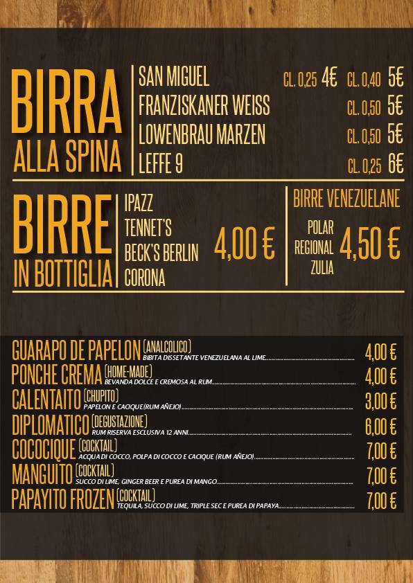 Menu au La Maracucha pub et bar, Milan