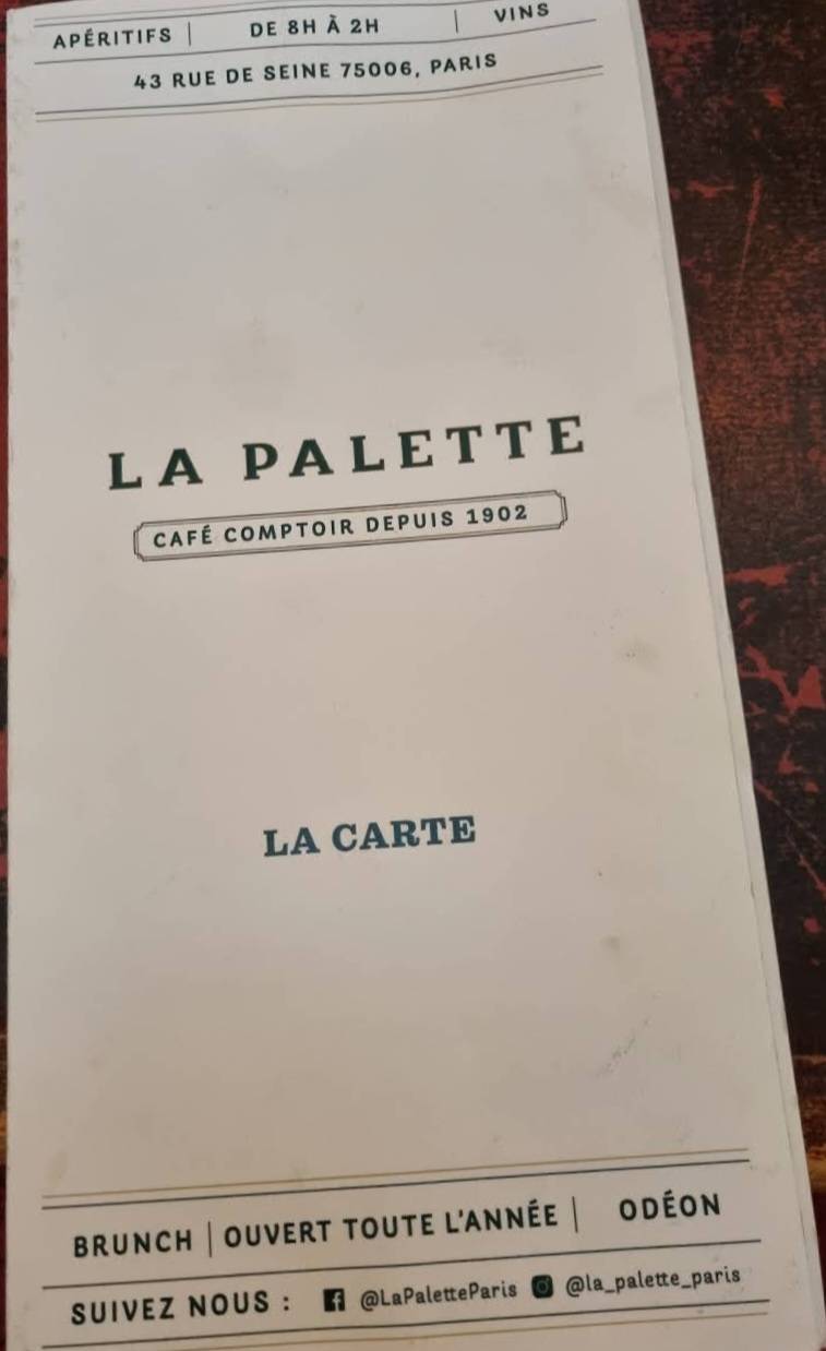 Menu at La Palette restaurant, Paris, 43 Rue de Seine