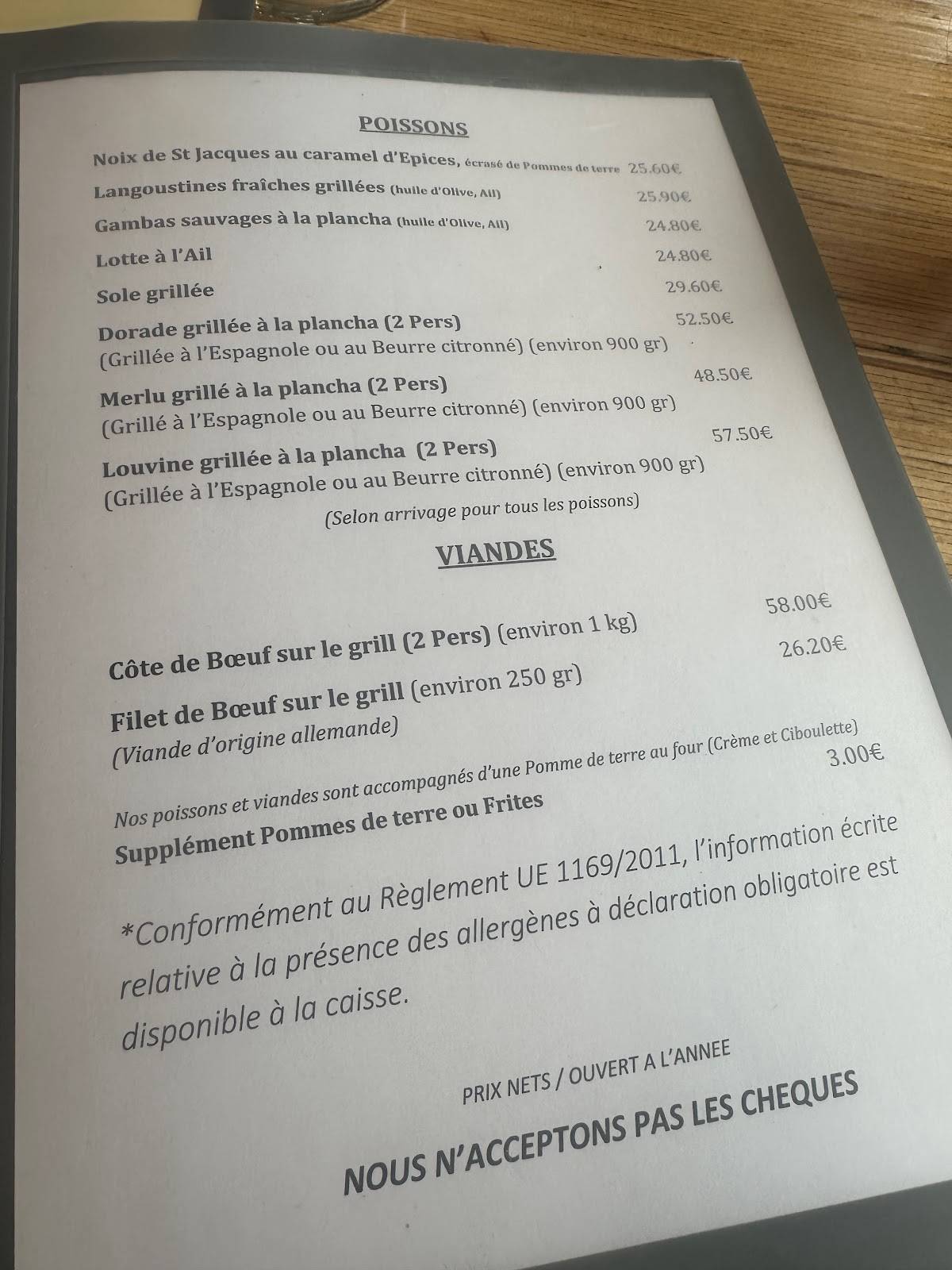 Menu au La Plancha restaurant, Bidart