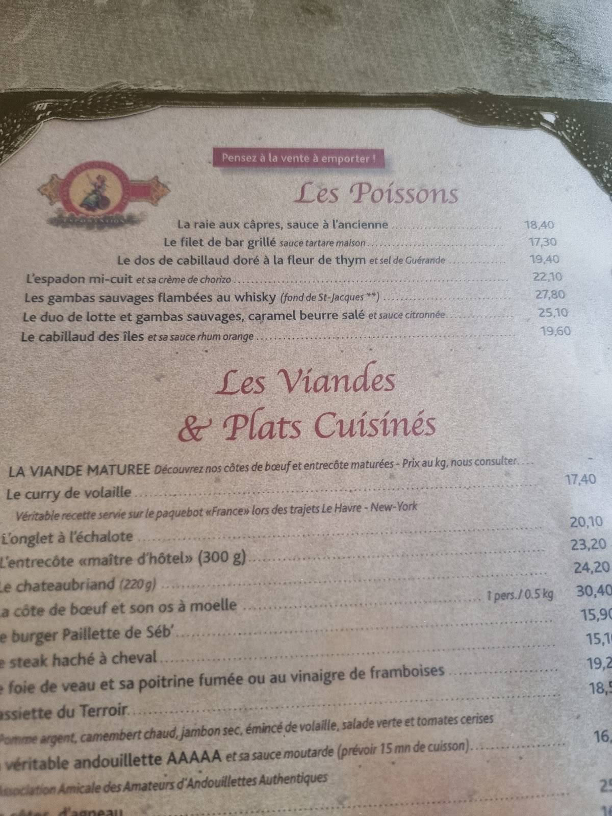 Menu at La Taverne Paillette restaurant, Le Havre