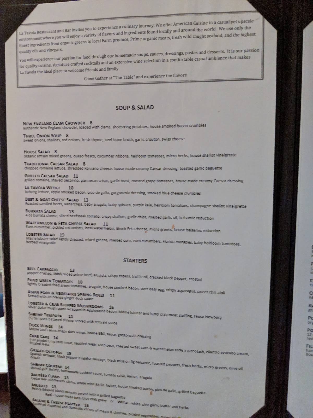 Menu at La Tavola Restaurant and Bar, Marco Island