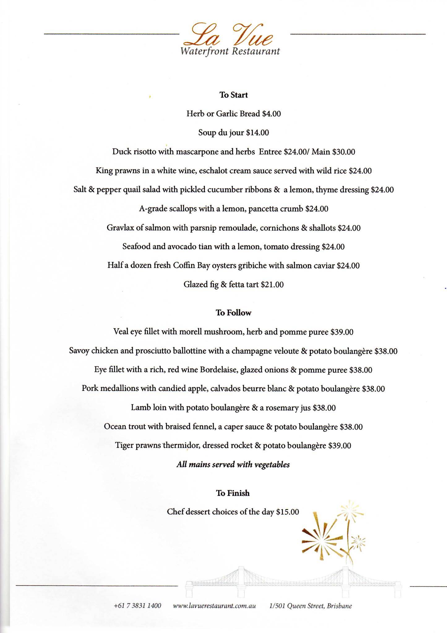 Menu at La Vue Waterfront Restaurant, Brisbane City