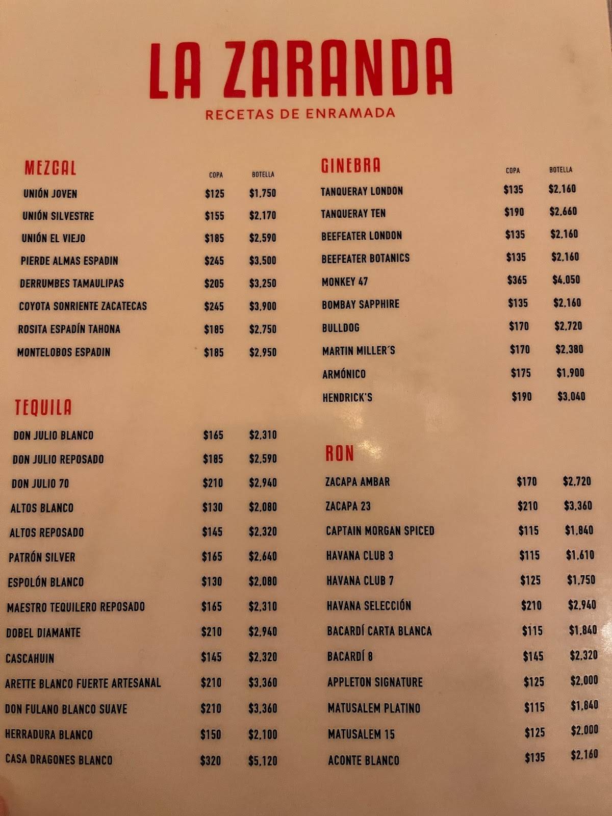 Carta del restaurante La Zaranda, Ciudad López Mateos