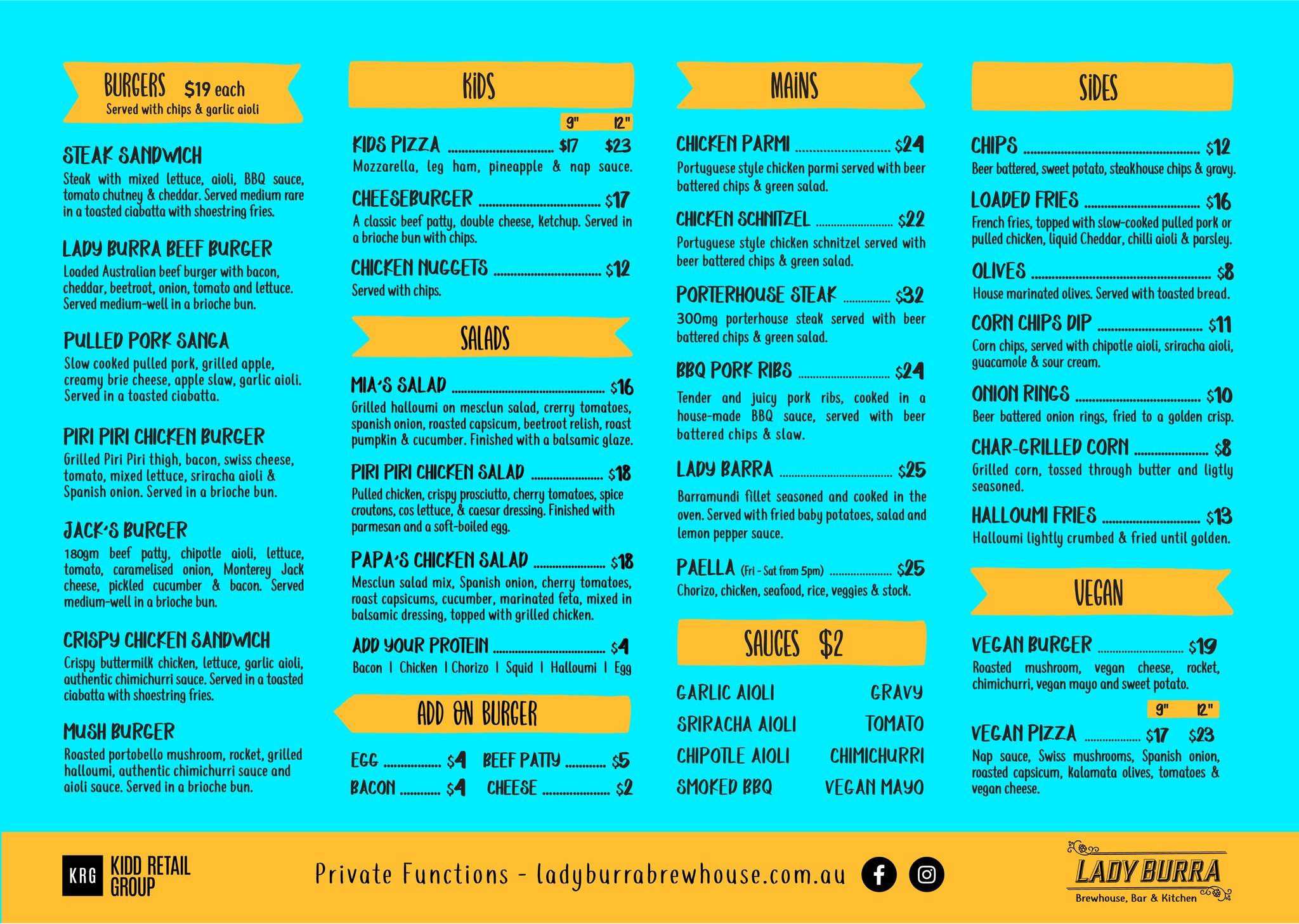 Menu at Lady Burra Brewhouse pub & bar, Adelaide