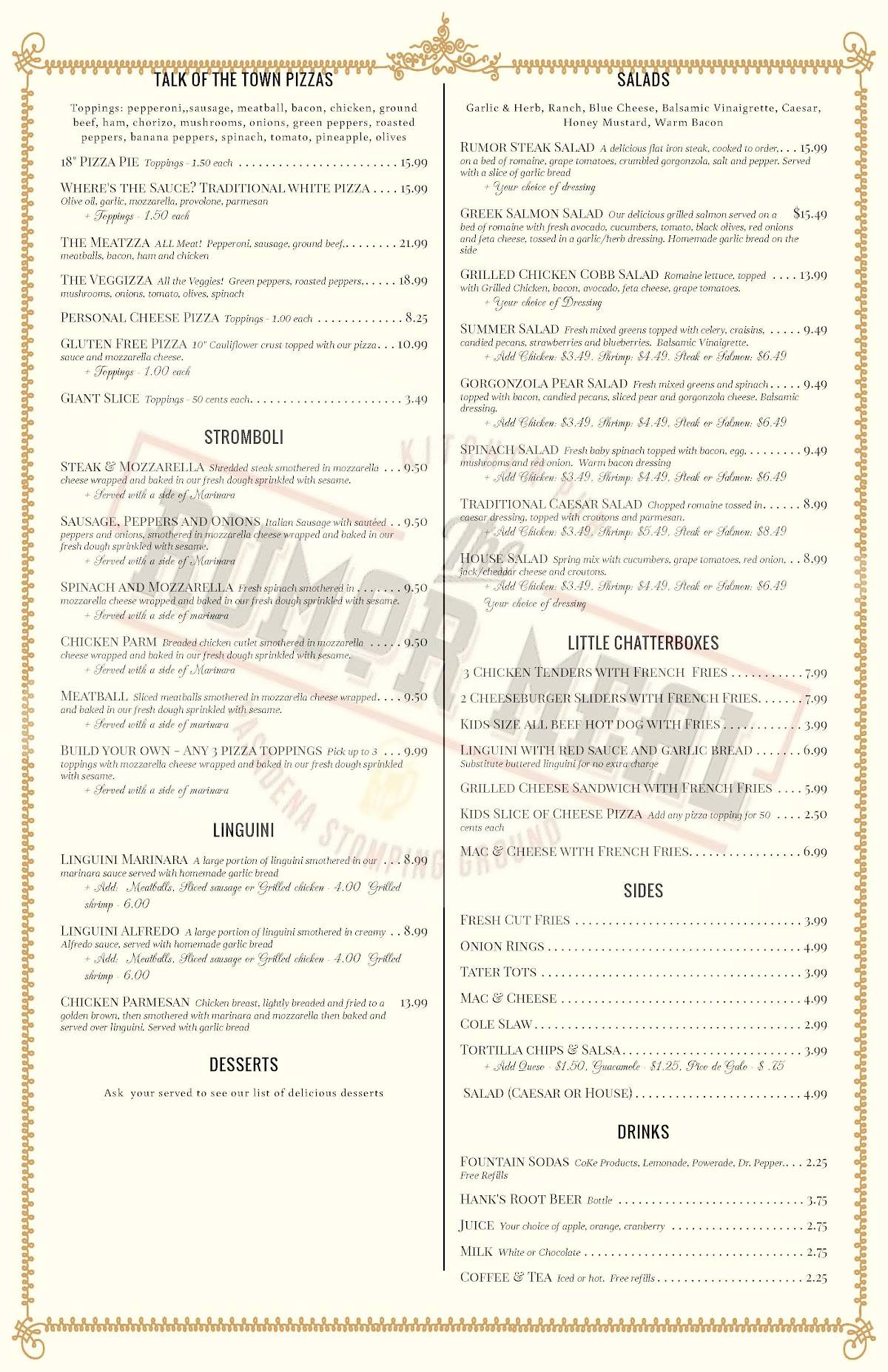 Menu at The Rumor Meal pub & bar, Lake Shore