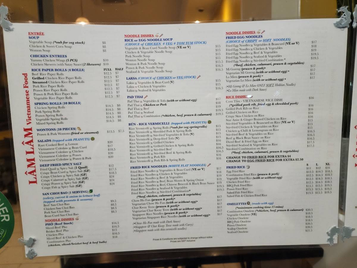 Menu at Lam Lam restaurant, Northcote