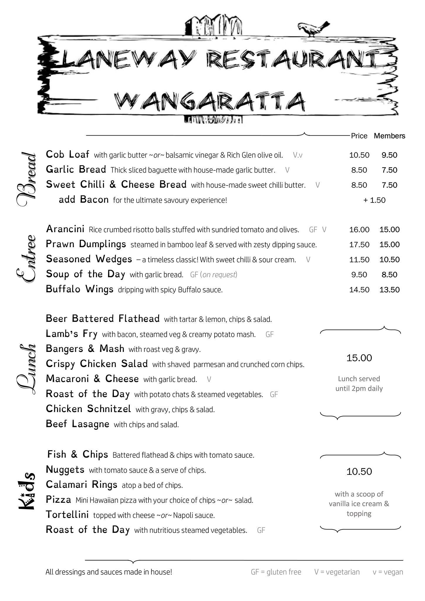 Menu at Laneway Restaurant, Wangaratta