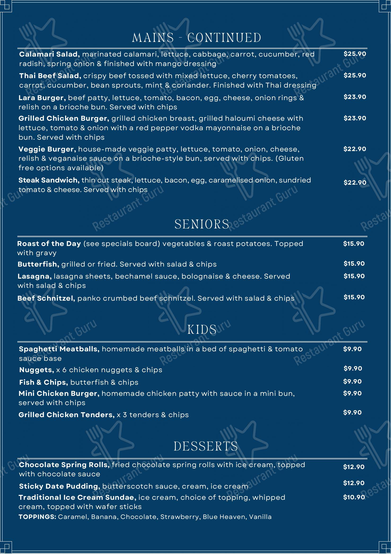 Menu at Lara Hotel pub & bar, Lara