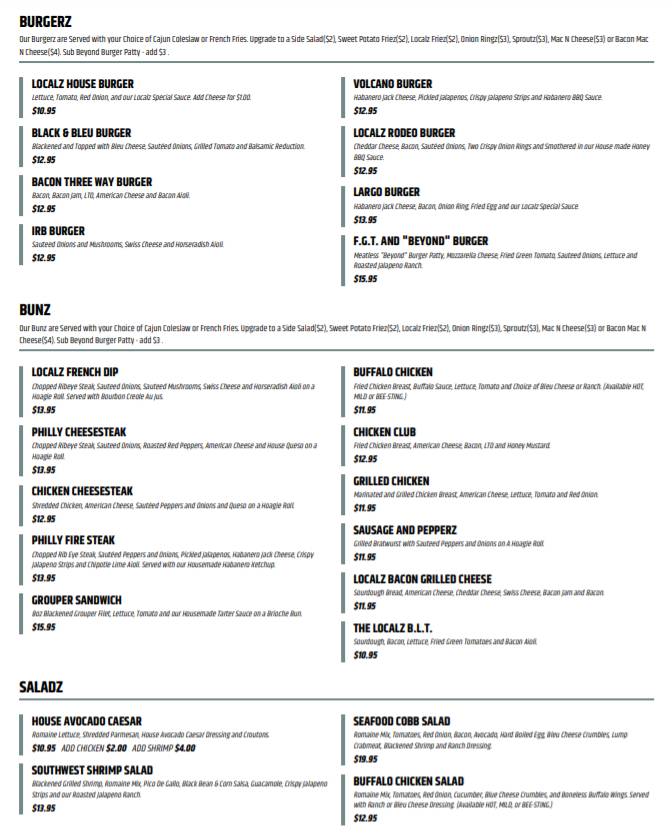 Menu at Localz Sports Bar & Grill Largo, Largo