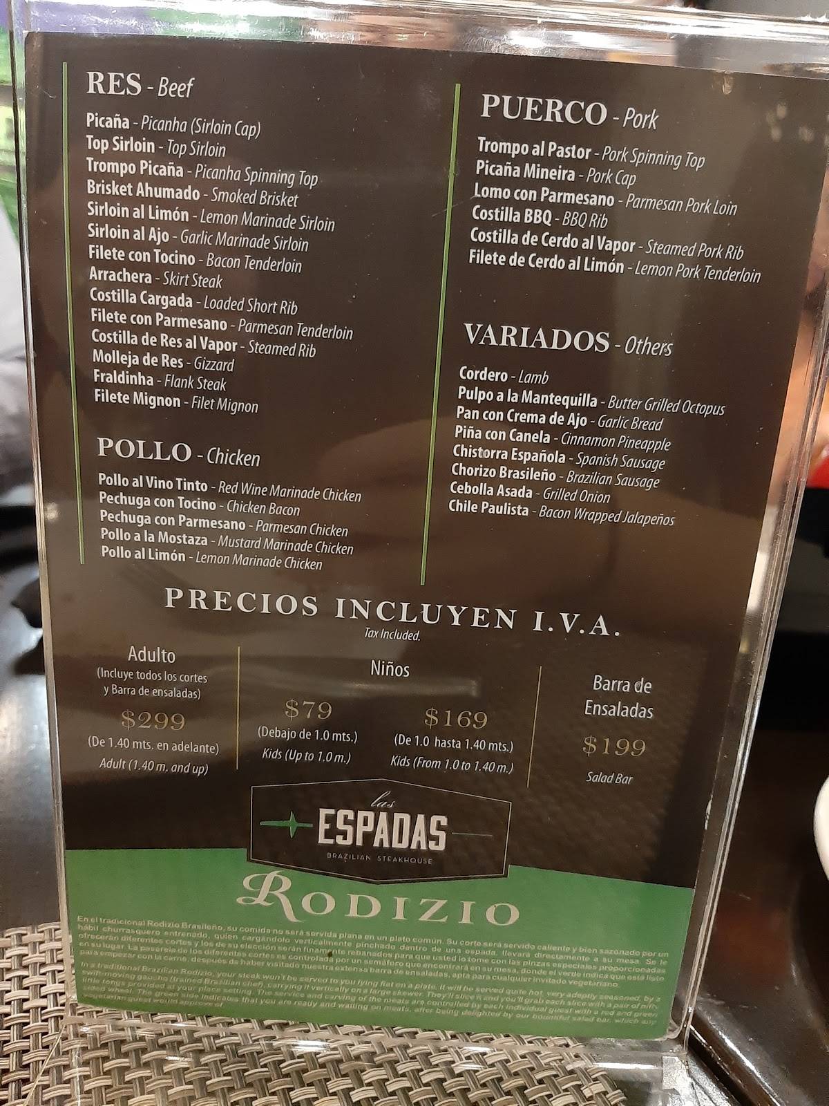 Carta del restaurante Las Espadas, Hermosillo