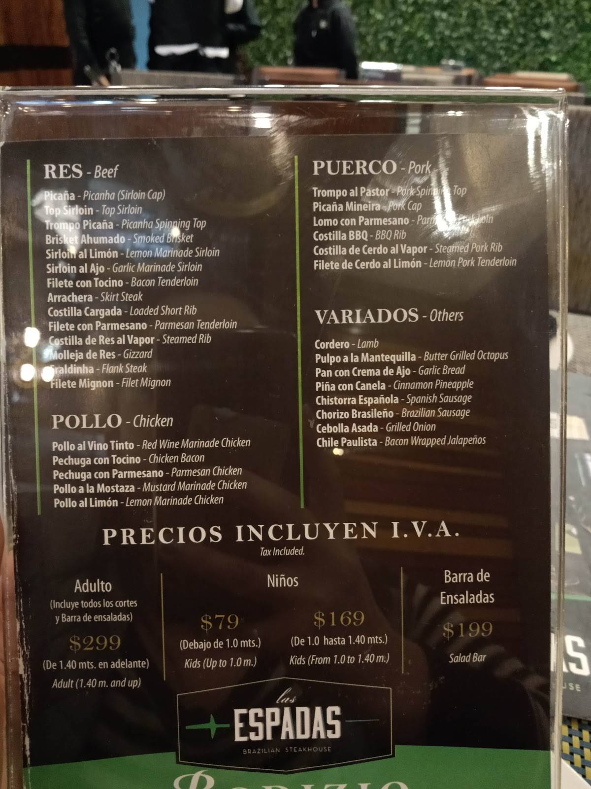 Carta del restaurante Las Espadas, Hermosillo
