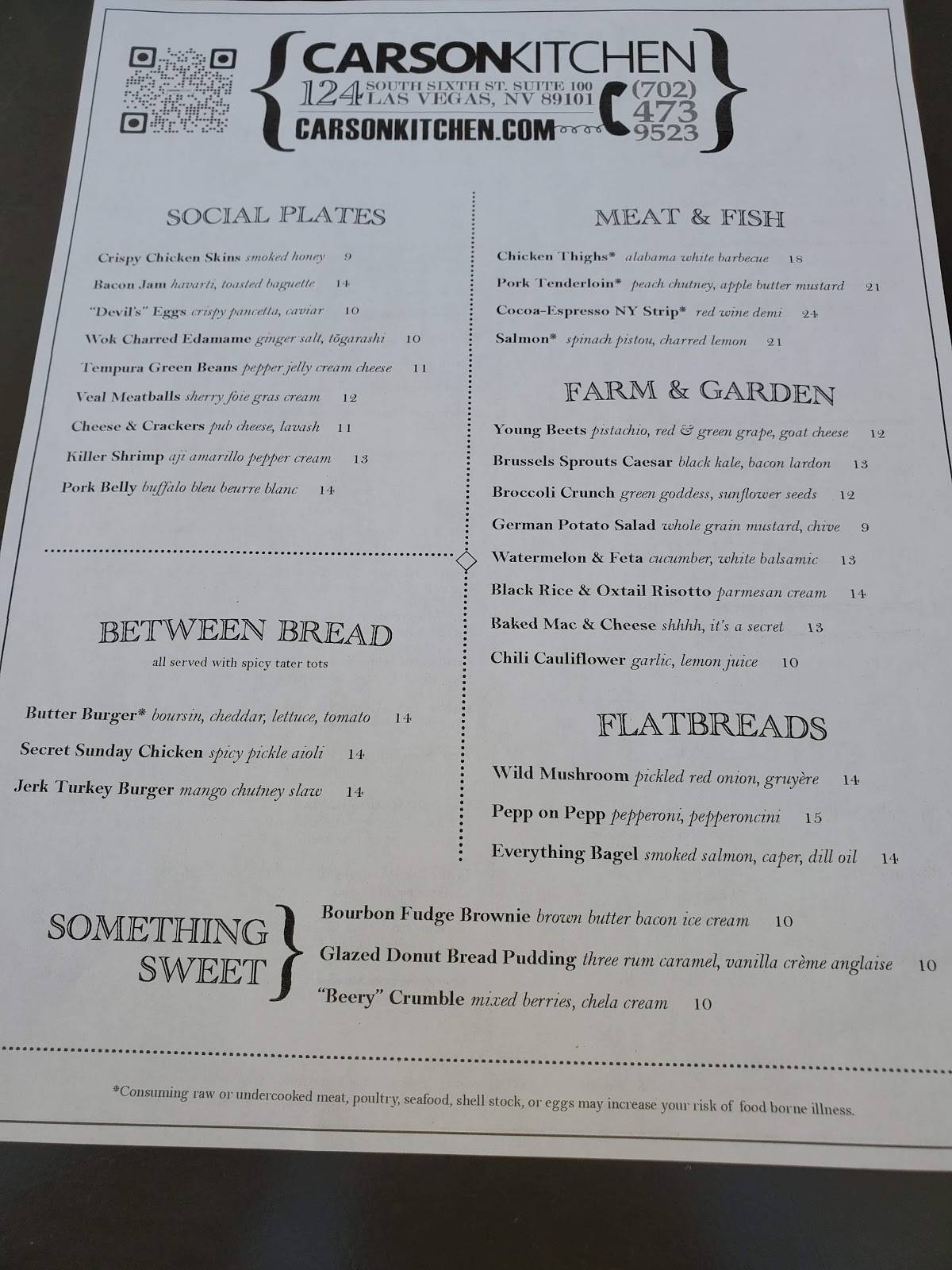 Menu at Carson Kitchen pub & bar, Las Vegas, 124 S 6th St #100