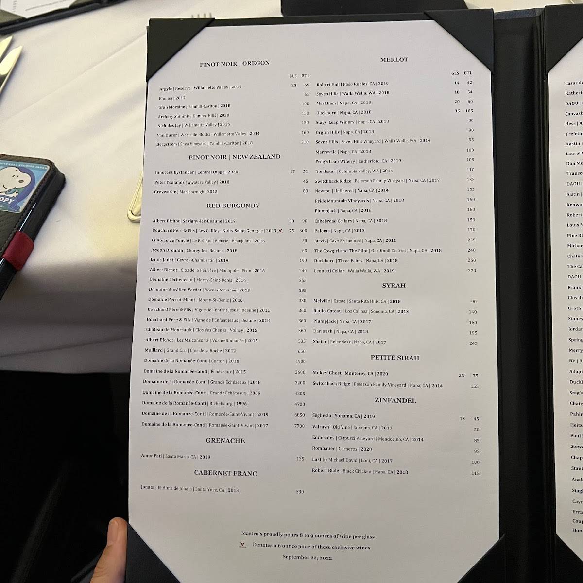 Menu at Mastro's Ocean Club, Las Vegas