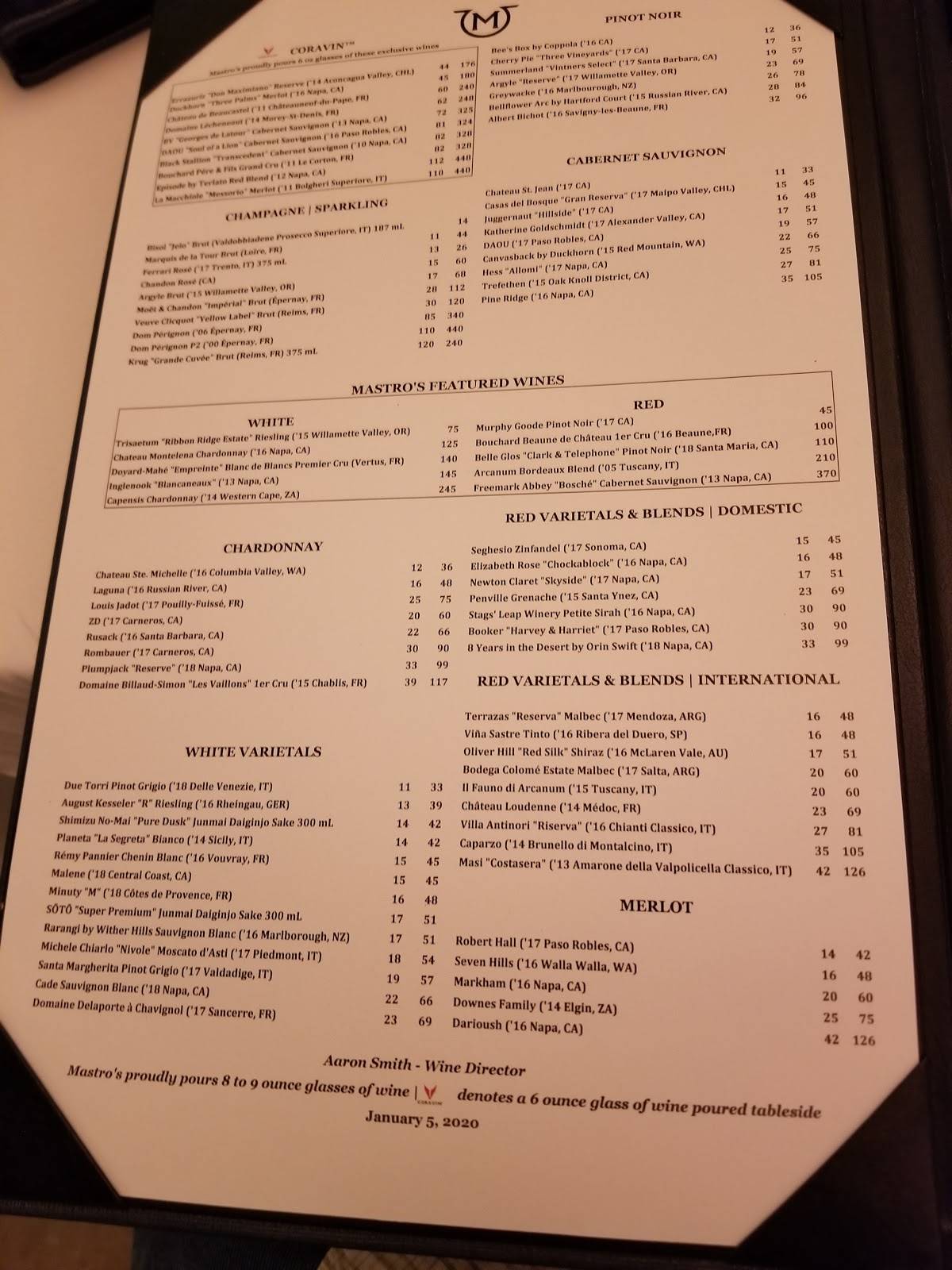 Menu at Mastro's Ocean Club, Las Vegas