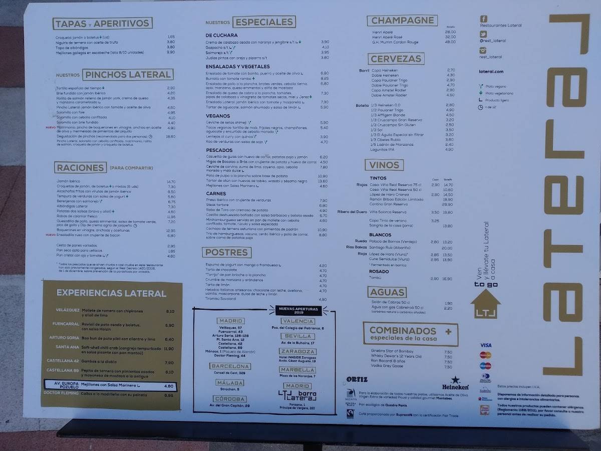 Carta del restaurante Lateral Pozuelo, Pozuelo del Alarcón