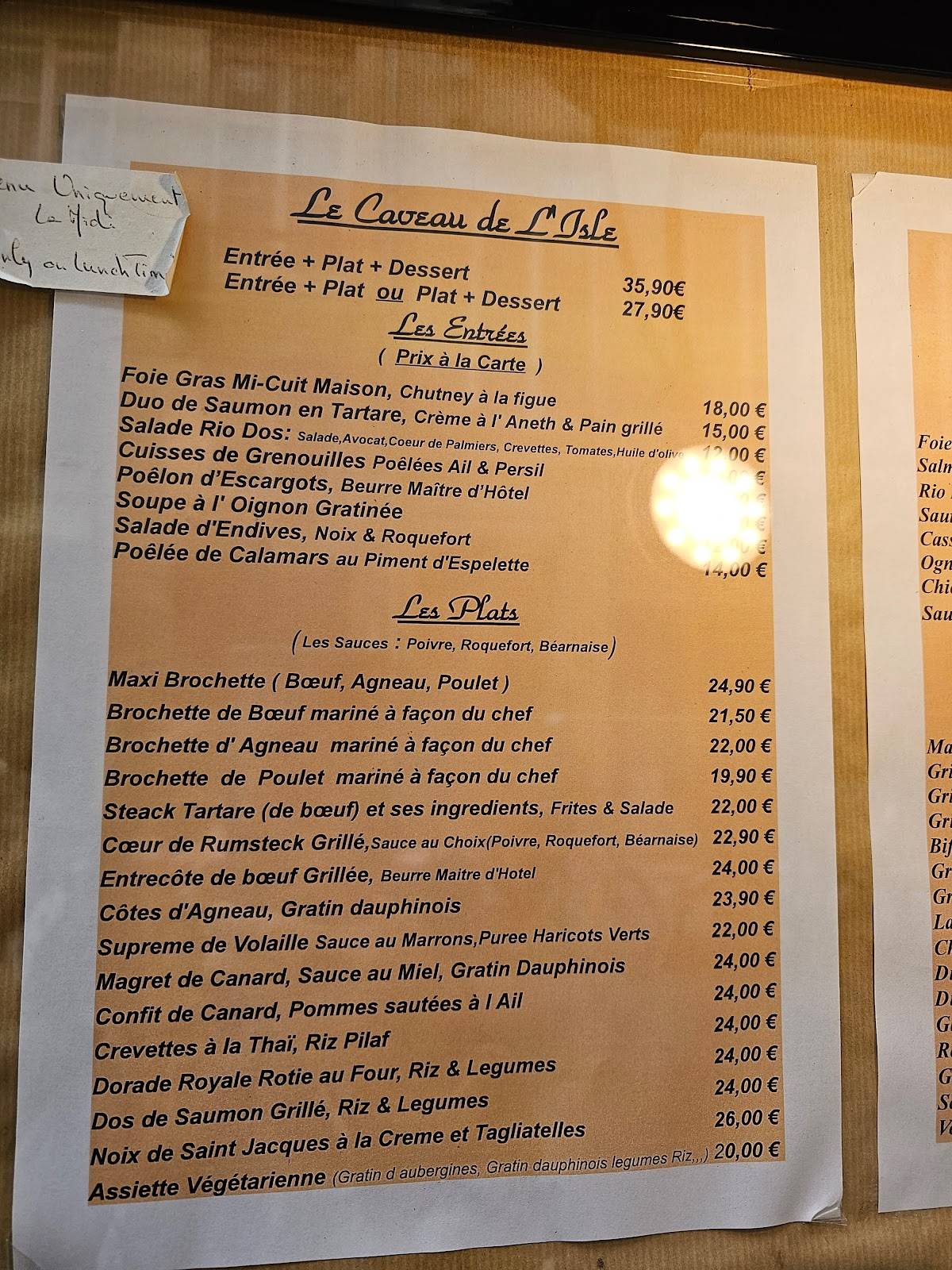Menu au Le Caveau de l'isle restaurant, Paris, 36 Rue Saint-Louis en l'Île