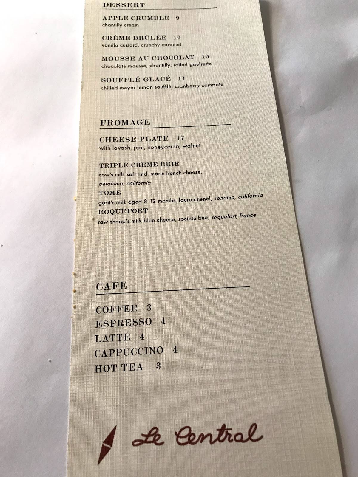 Menu at Le Central restaurant, San Francisco