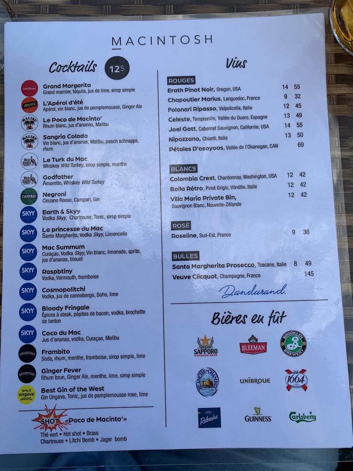 Menu at Le Macintosh Pub Bromont Inc., Bromont