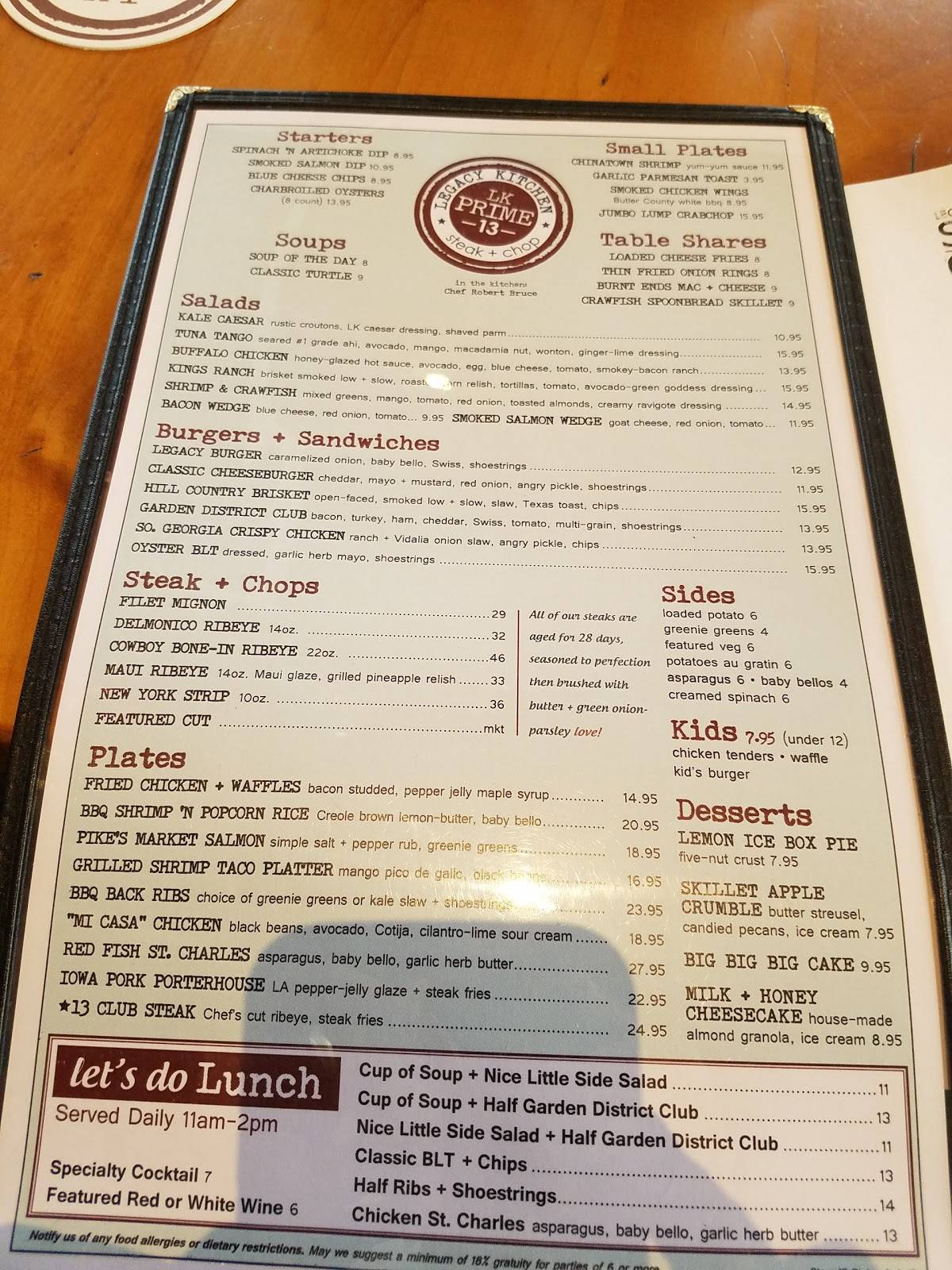 Menu at Legacy Kitchen's Steak and Chop steakhouse, Gretna, 91 Westbank ...