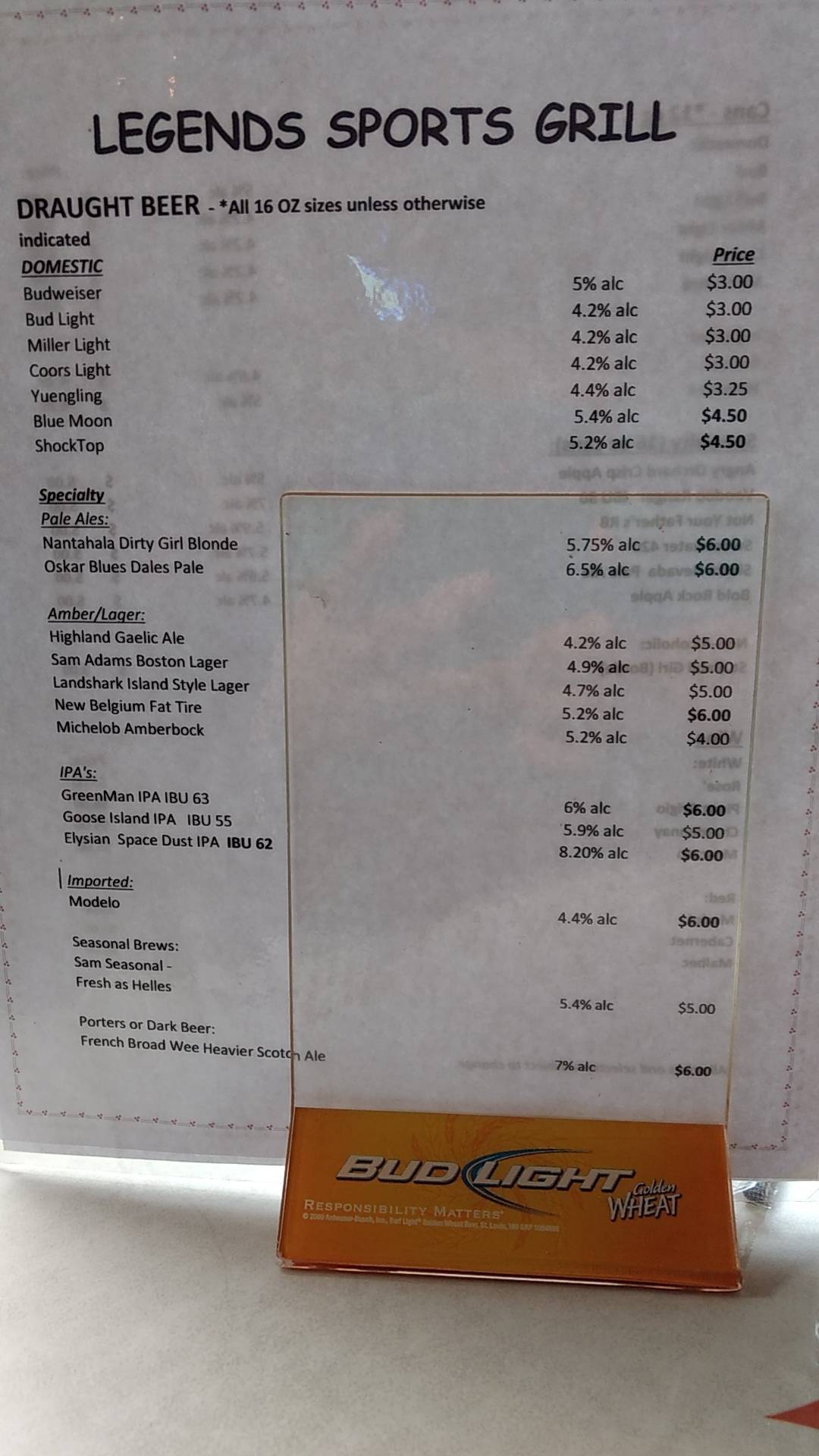 Menu at Legends Sports Bar And Grill, Maggie Valley