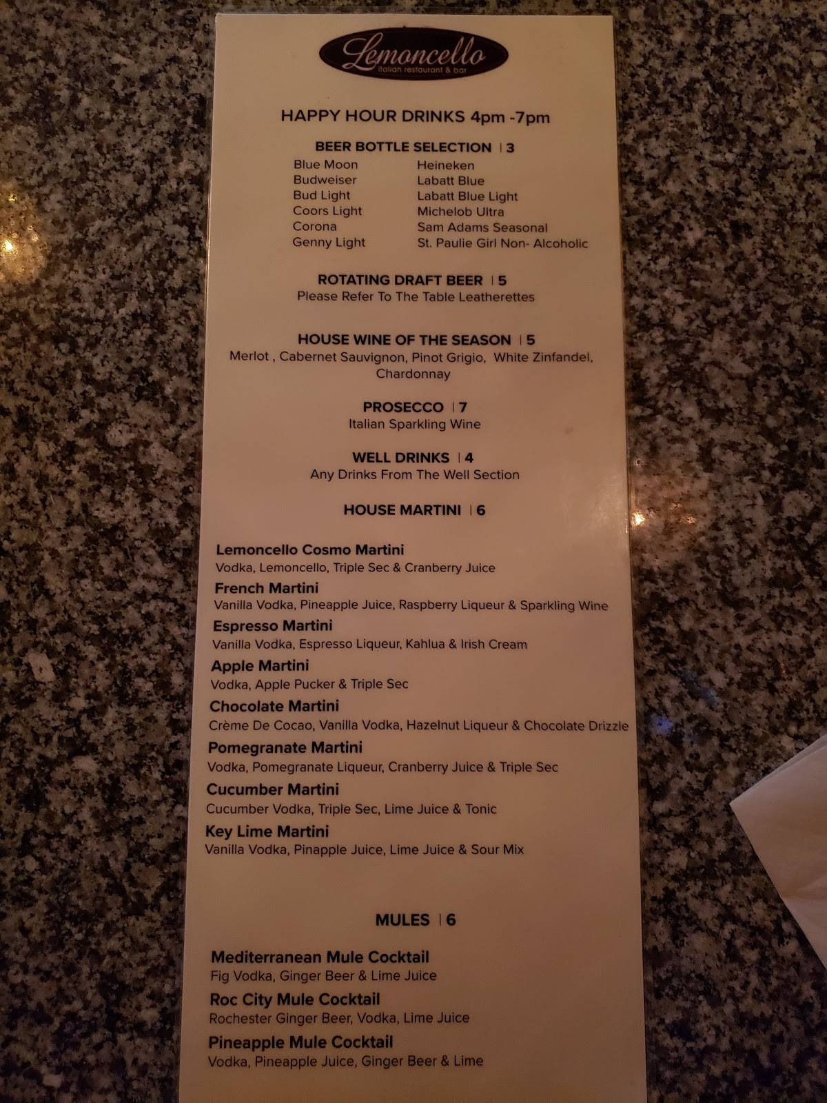 Menu at Lemoncello Italian Restaurant & Bar, East Rochester