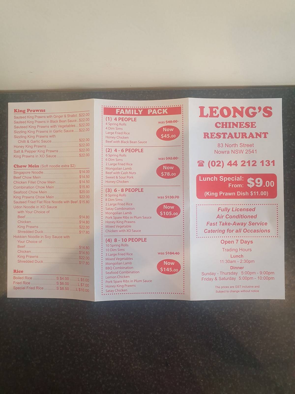 Menu at Leong's Chinese Restaurant, Nowra