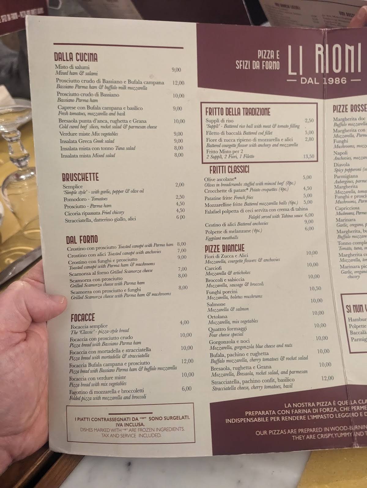 Menu at Li Rioni a Santiquattro pizzeria, Rome, Via dei SS. Quattro