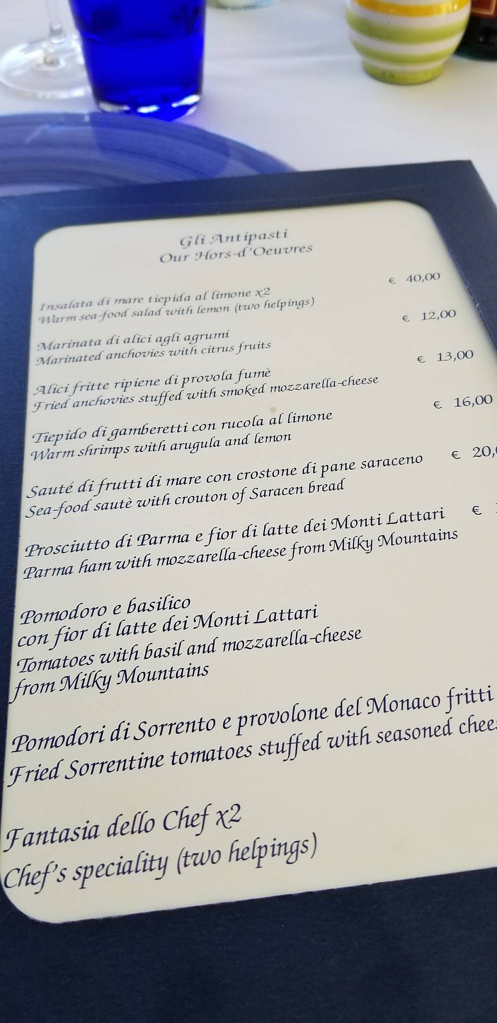 Menu at Ristorante Lido Azzurro, Amalfi, Via Lungomare dei Cavalieri