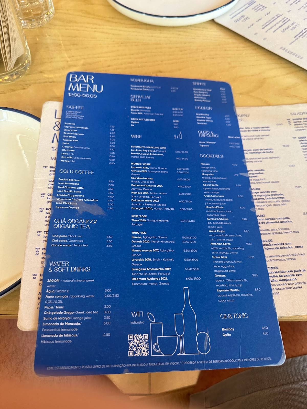 Menu at Kefi Greek Bistro restaurant, Lisbon