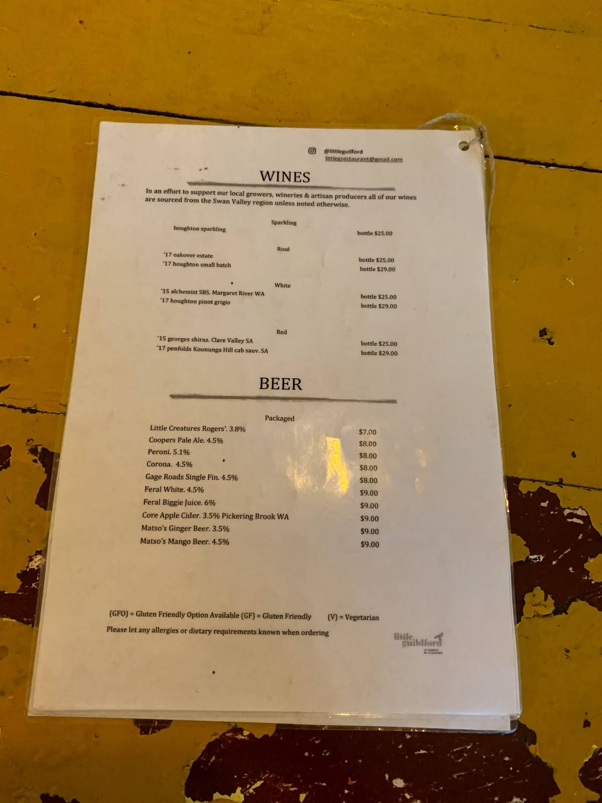 Menu at Little Guildford cafe, Guildford
