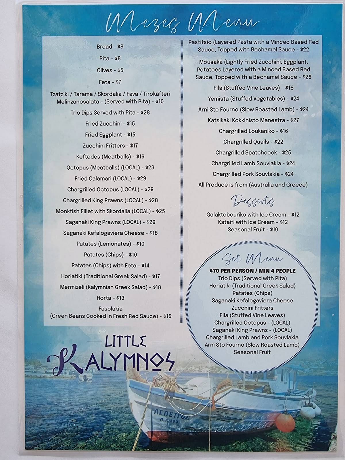 Menu at Little Kalymnos taverna restaurant, Earlwood