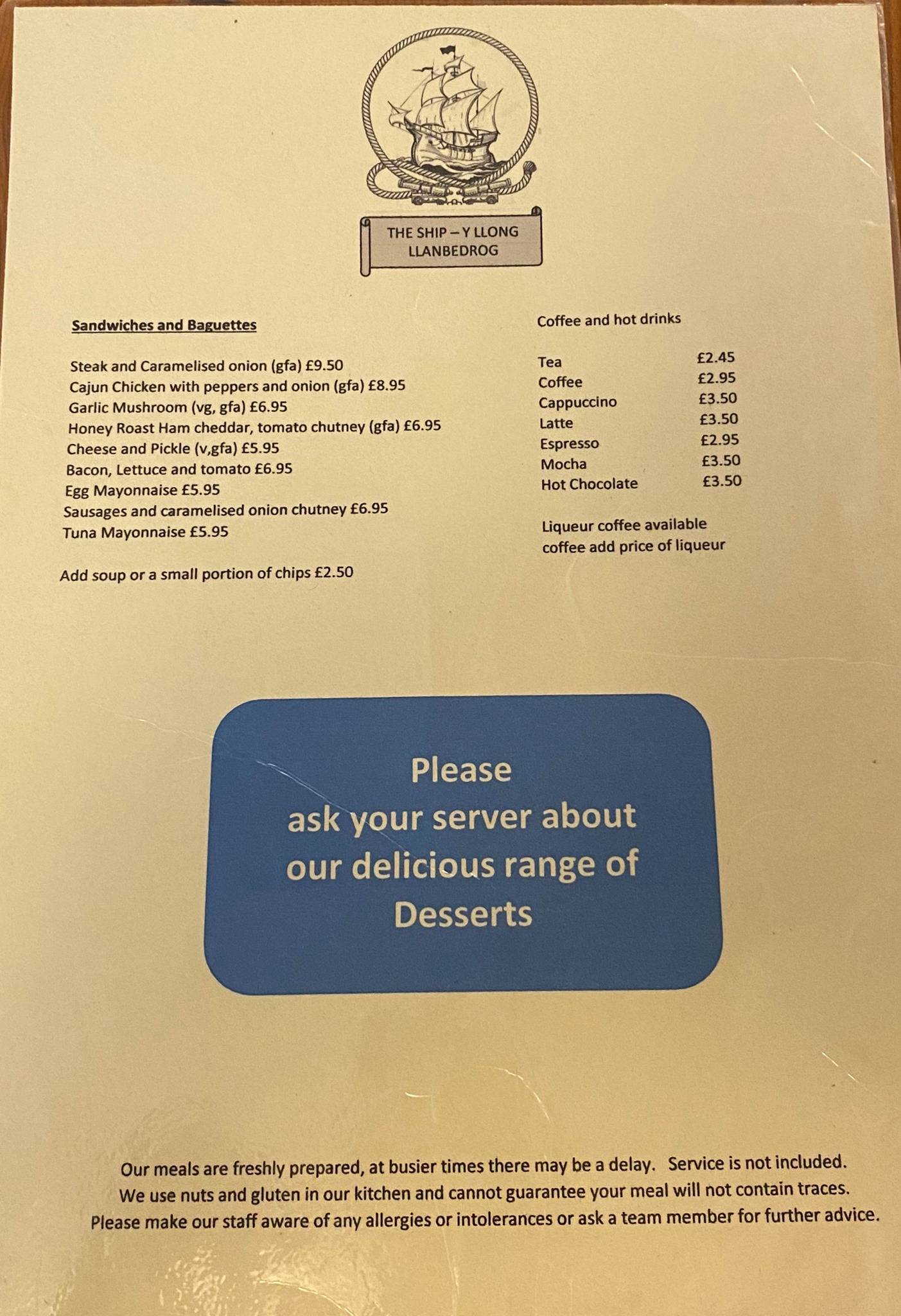 Menu at The Ship Inn pub & bar, Llanbedrog