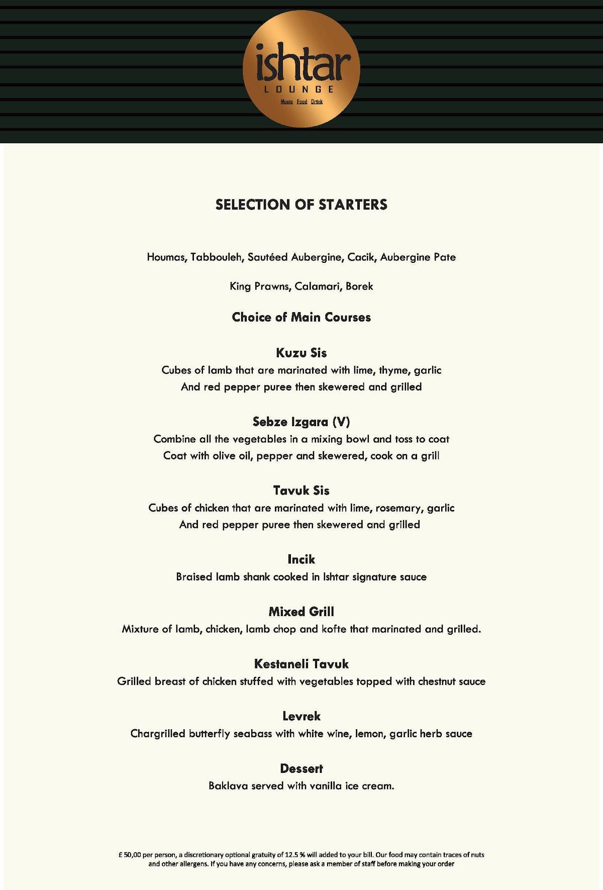 Menu at Ishtar restaurant, London, 10-12 Crawford St