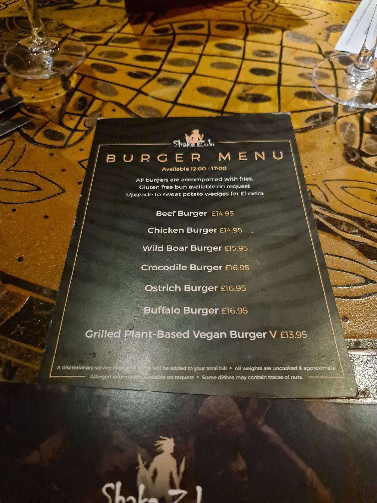 Menu at Shaka Zulu restaurant, London