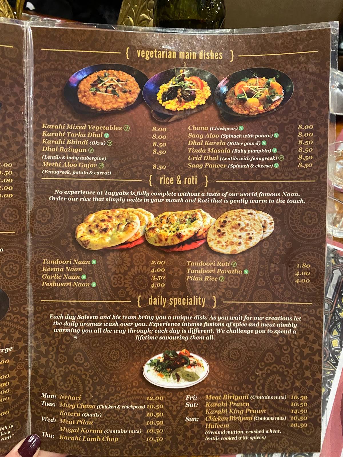 Menu at Tayyabs restaurant, London, 83-89 Fieldgate St