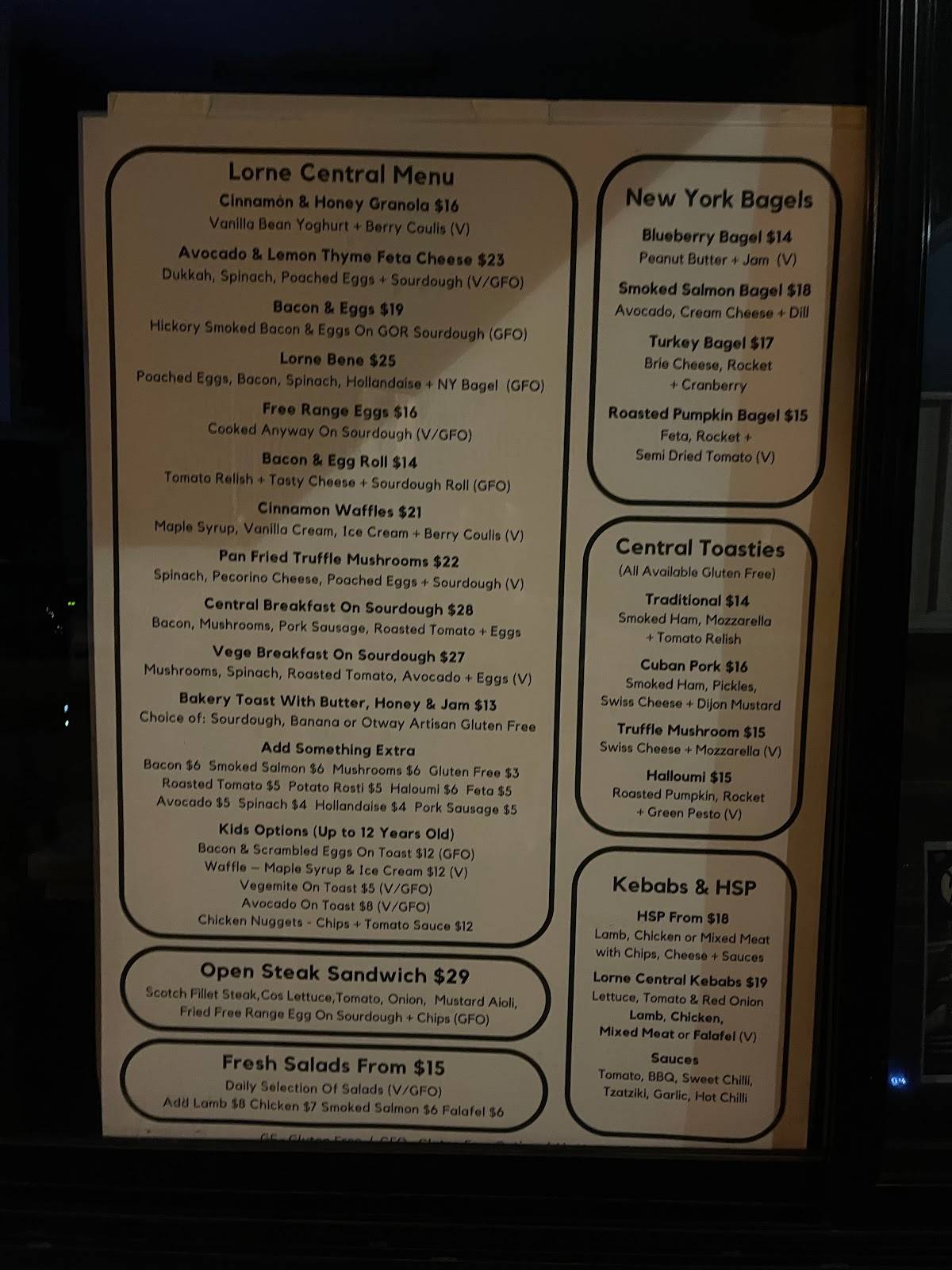Menu at Lorne Central pub & bar, Lorne