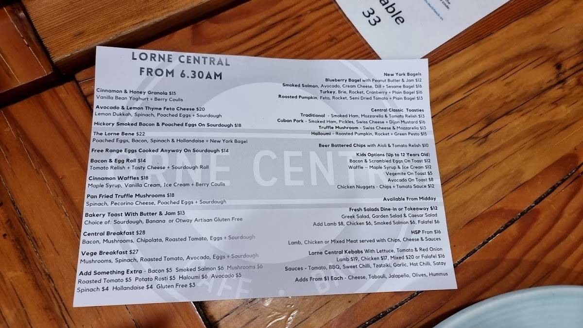 Menu at Lorne Central pub & bar, Lorne