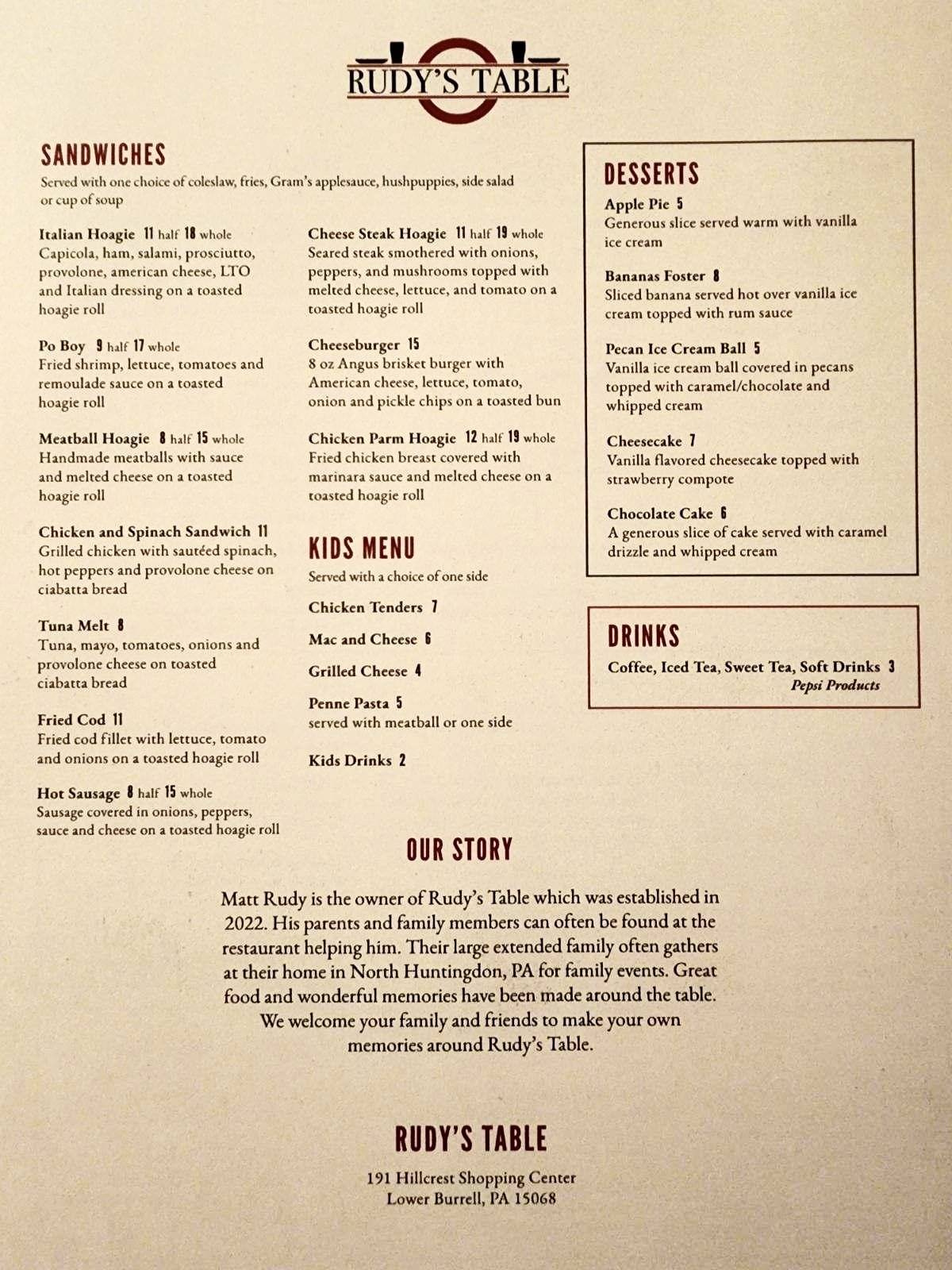Menu at Rudy's Table restaurant, Lower Burrell