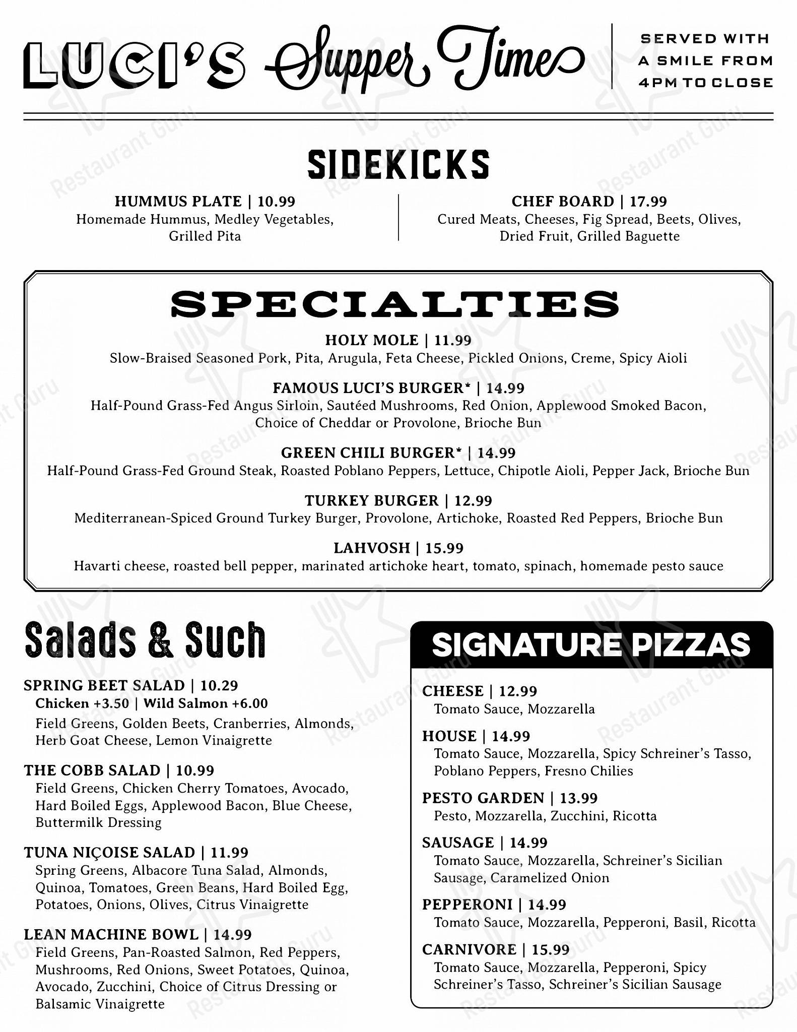 Menu at Luci's at the Grove restaurant, Scottsdale