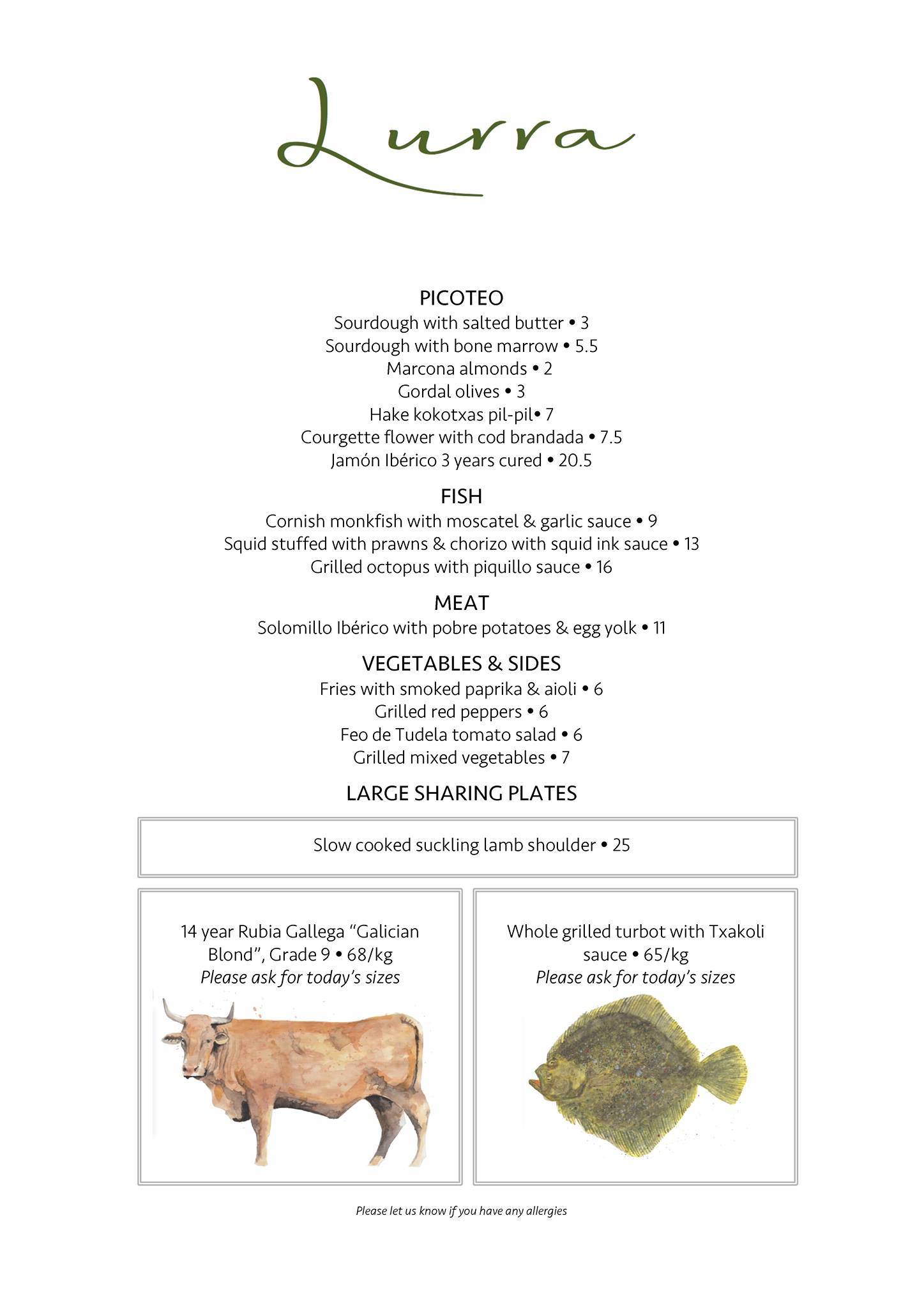 Menu at Lurra restaurant, London