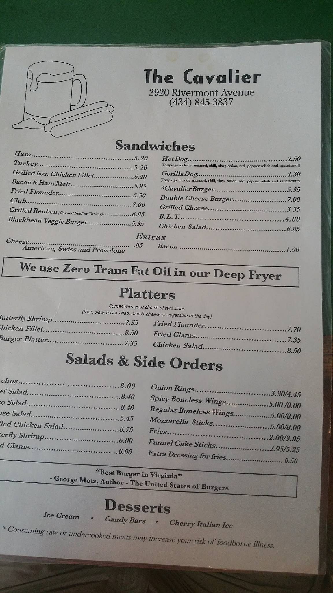 Menu at Cavalier Store restaurant, Lynchburg