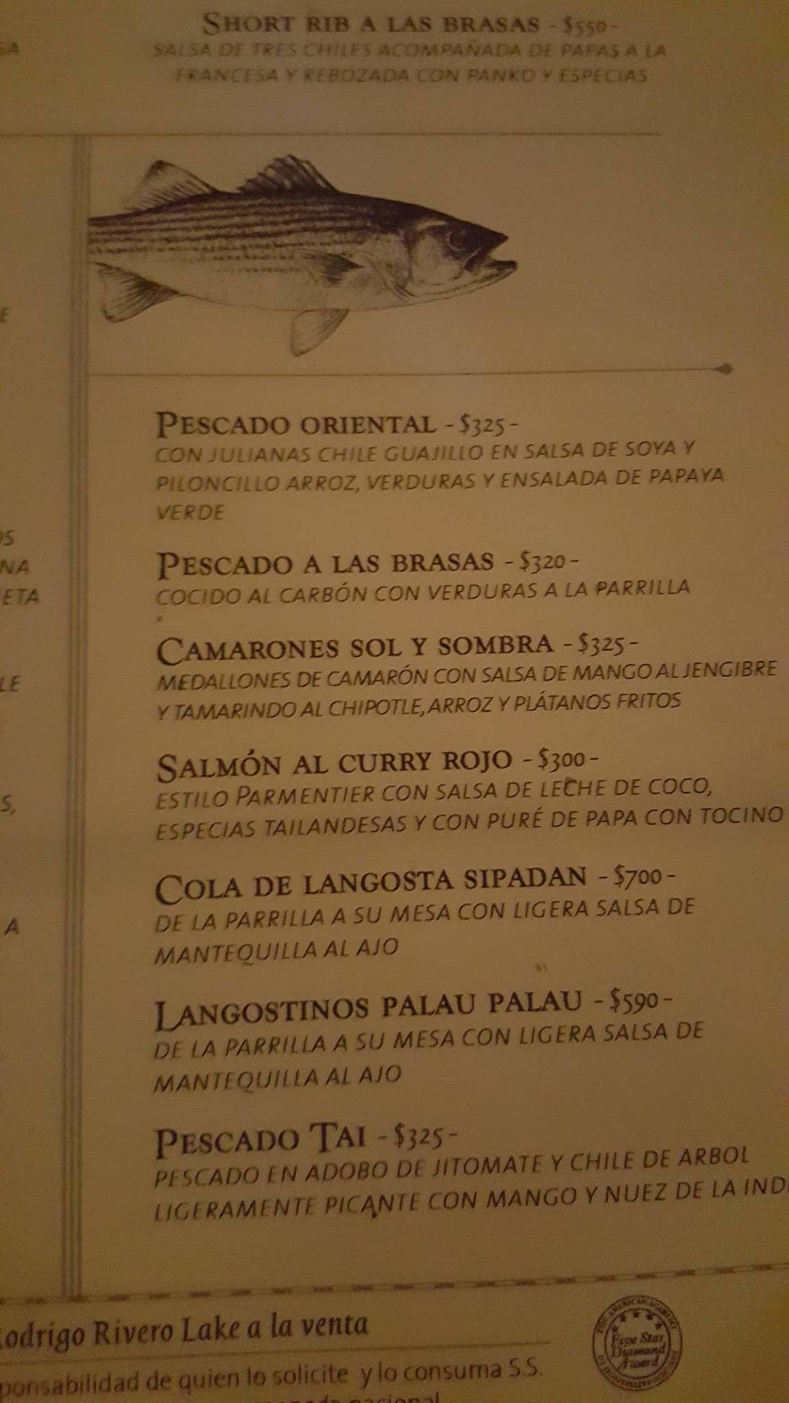 Menu at MAR DEL ZUR restaurant, Mexico City, Av. Emilio Castelar 163
