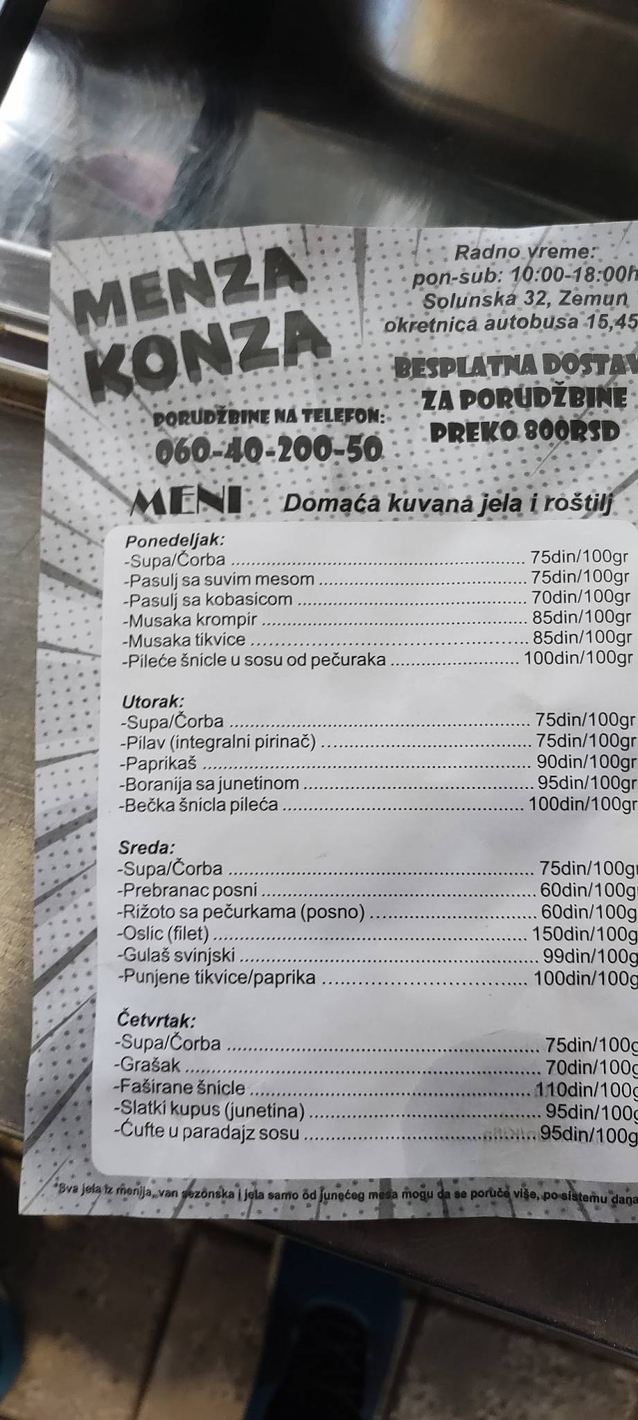 Speisekarte von MENZA KONZA restaurant, Belgrad