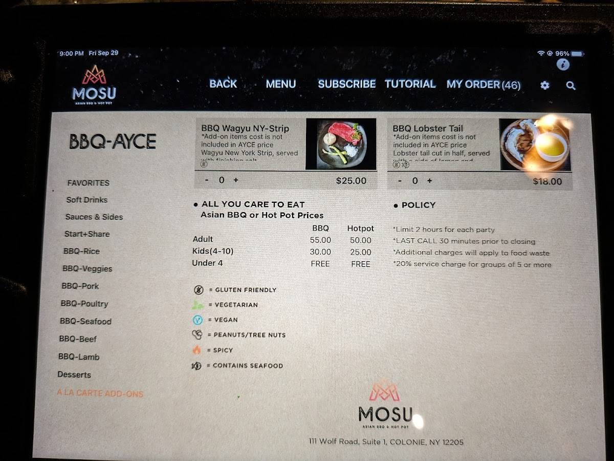 Menu at MOSU restaurant, Albany
