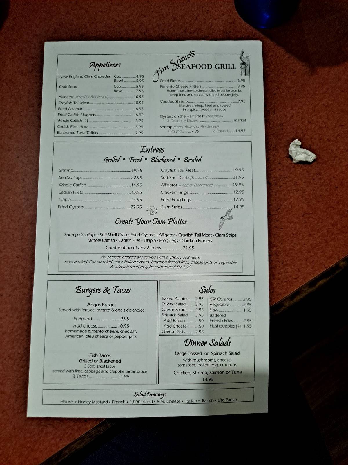 Menu at Jim Shaw's Seafood Grill restaurant, Macon