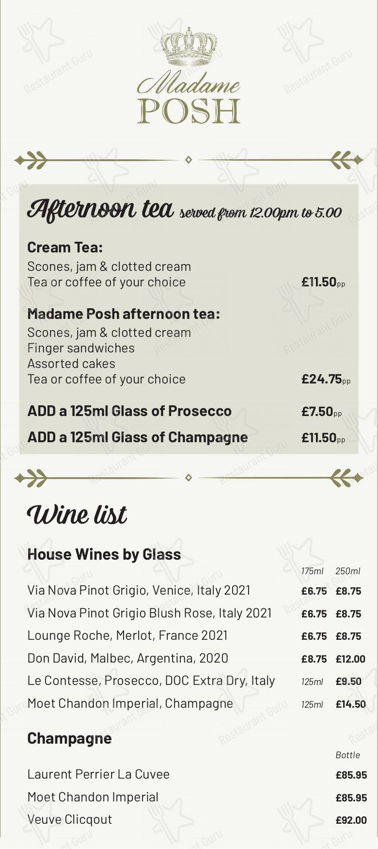 Menu at Madame Posh - Afternoon Tea in Windsor cafe, Windsor